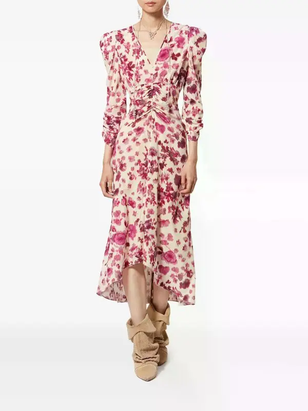 Isabel Marant Étoile Rose Print Gathered Stretch Silk Midi Dress - Neutrals