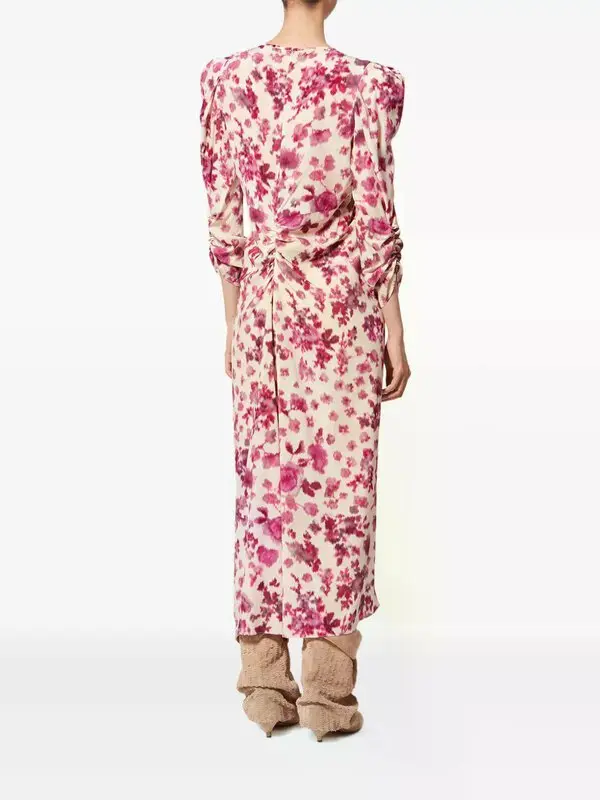 Isabel Marant Étoile Rose Print Gathered Stretch Silk Midi Dress - Neutrals