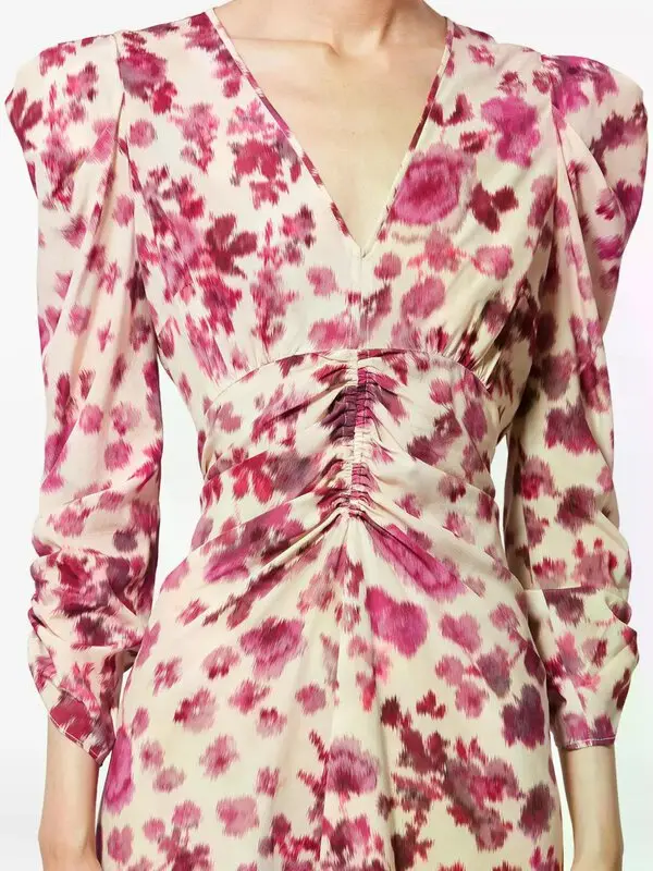 Isabel Marant Étoile Rose Print Gathered Stretch Silk Midi Dress - Neutrals