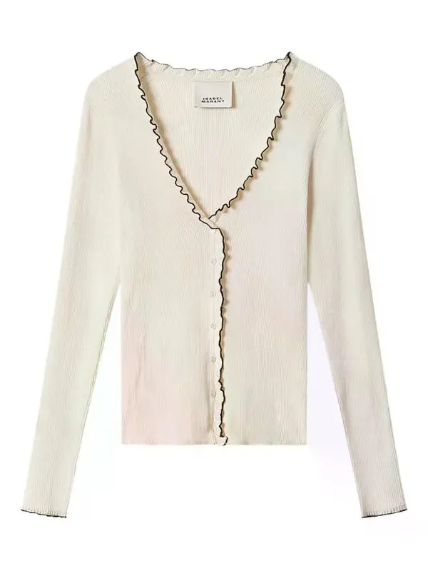 Isabel Marant Ribbed Knit Cardigan With Ruffle Trim - Neutrals