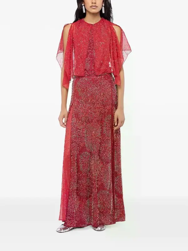 Rabanne Chiffon Cape Pearl Embroidered Top - Red