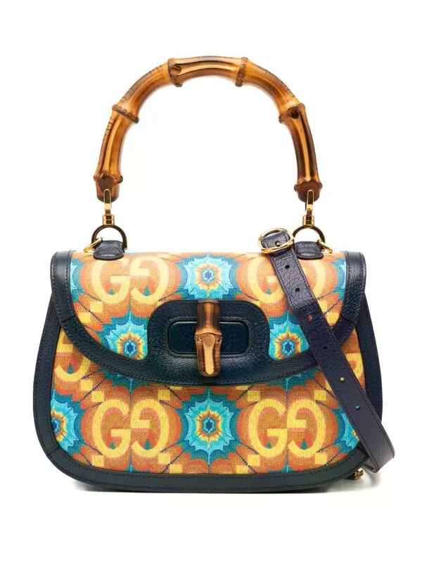 Gucci 2016-2025 100th Anniversary Medium Gg Coated Canvas 1947 Bamboo Top Handle Satchel