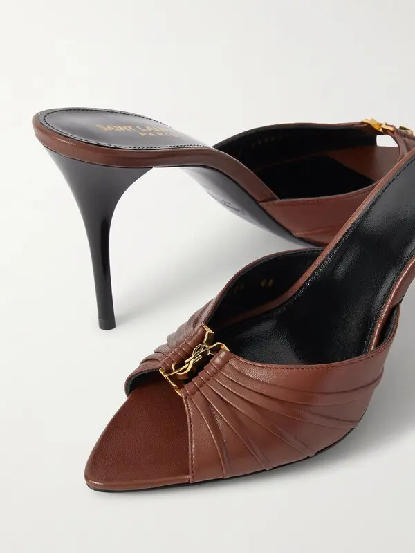 Saint Laurent Babylone Embellished Leather Mules - Brown