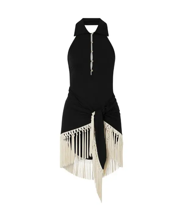 TALLER MARMO Tropicana Halterneck Swimsuit And Fringed Pareo Set - Black