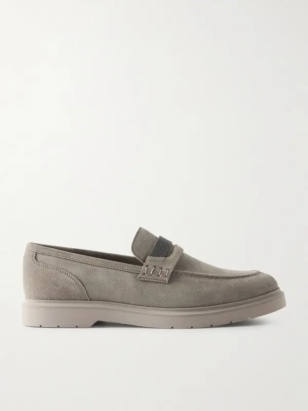 Brunello Cucinelli Embellished Suede Loafers - Gray