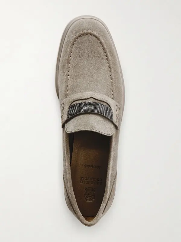 Brunello Cucinelli Embellished Suede Loafers - Gray