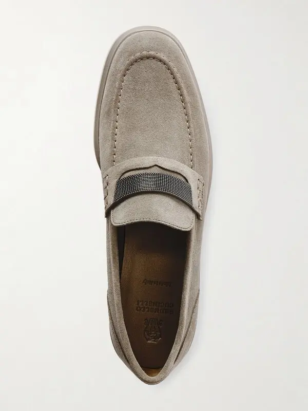 Brunello Cucinelli Embellished Suede Loafers - Gray
