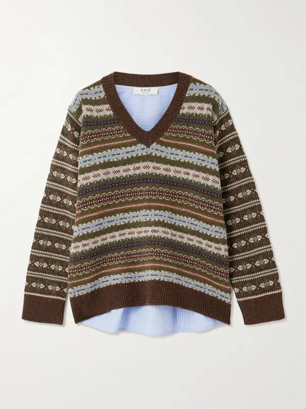 Sea Ciara Striped Cotton-poplin And Fair Isle Wool Sweater - Multi