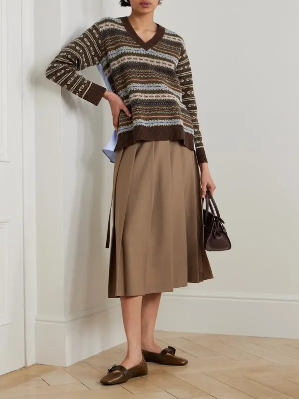 Sea Ciara Striped Cotton-poplin And Fair Isle Wool Sweater - Multi