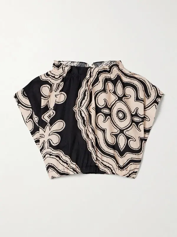 LEMLEM Muna Cropped Printed Linen Top - Black