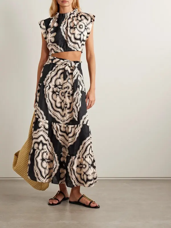 LEMLEM Muna Cropped Printed Linen Top - Black