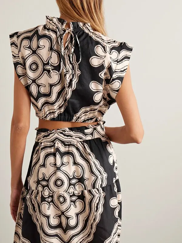 LEMLEM Muna Cropped Printed Linen Top - Black