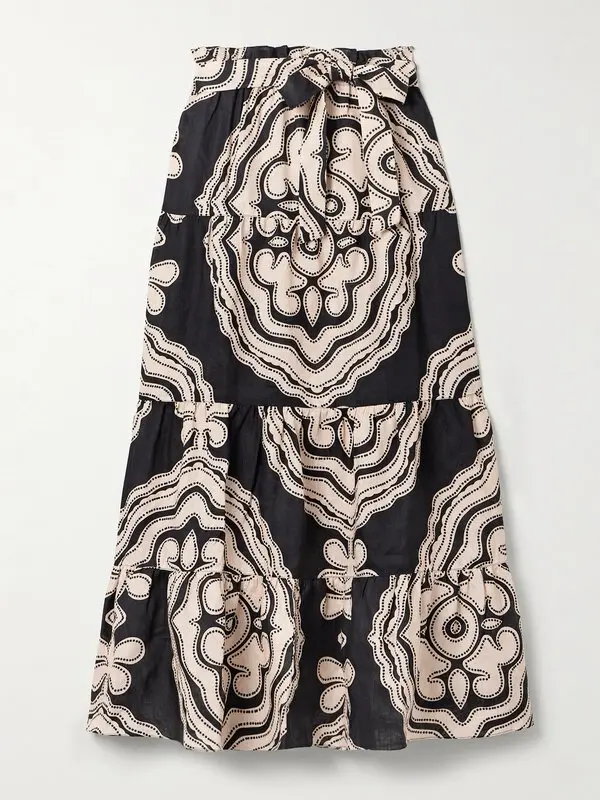 LEMLEM Sanaa Printed Linen Maxi Skirt With Belt - Black
