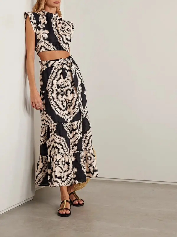 LEMLEM Sanaa Printed Linen Maxi Skirt With Belt - Black