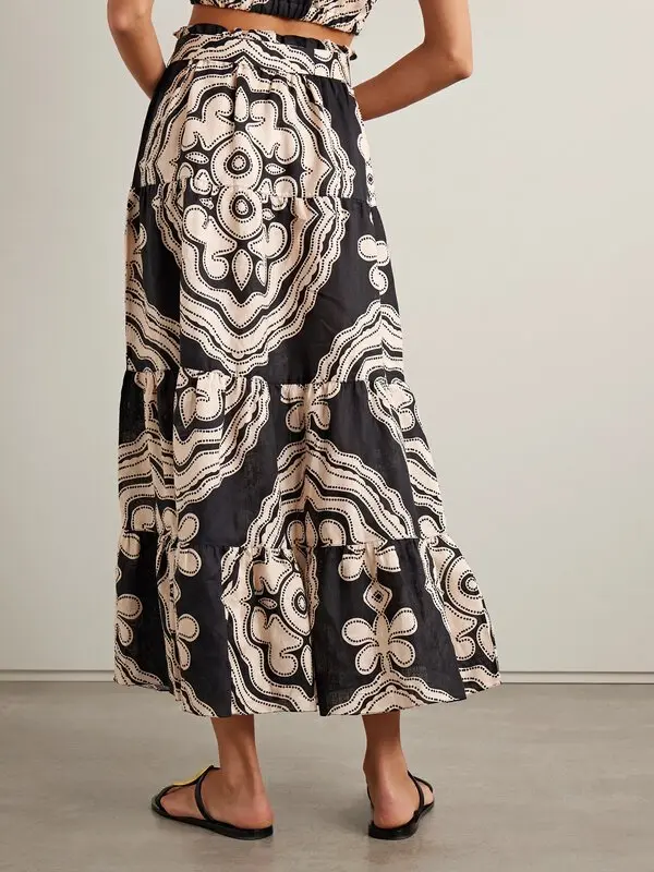 LEMLEM Sanaa Printed Linen Maxi Skirt With Belt - Black