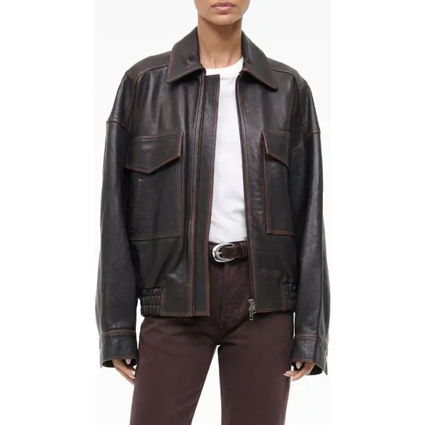 Staud Eugene Leather Bomber Jacket - Distressed Brown
