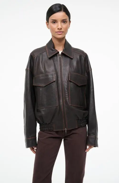 Staud Eugene Leather Bomber Jacket - Distressed Brown