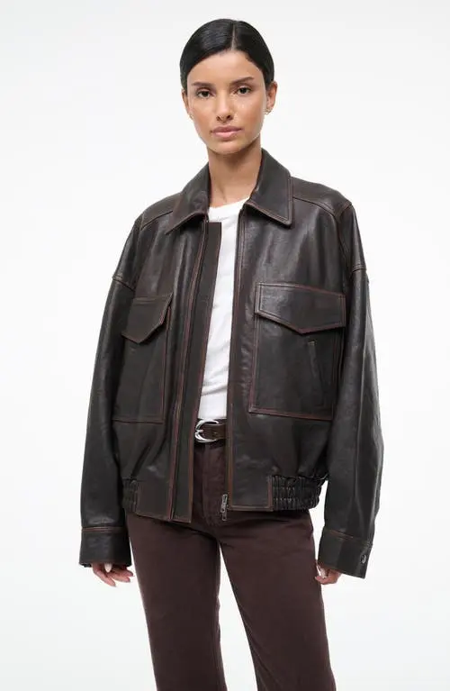 Staud Eugene Leather Bomber Jacket - Distressed Brown
