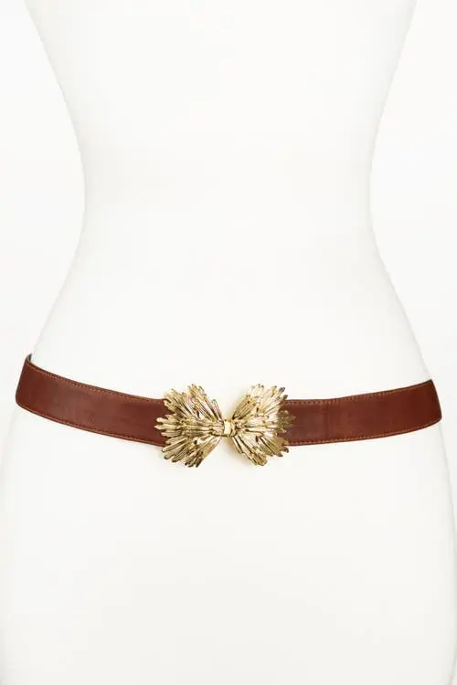 RAINA BELTS Starburst Buckle Leather Belt - Cognac