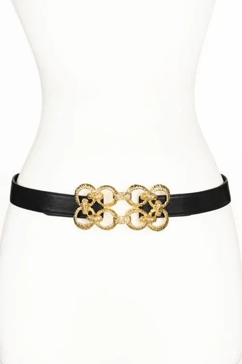 RAINA BELTS Golden Loops Buckle Leather Belt - Black