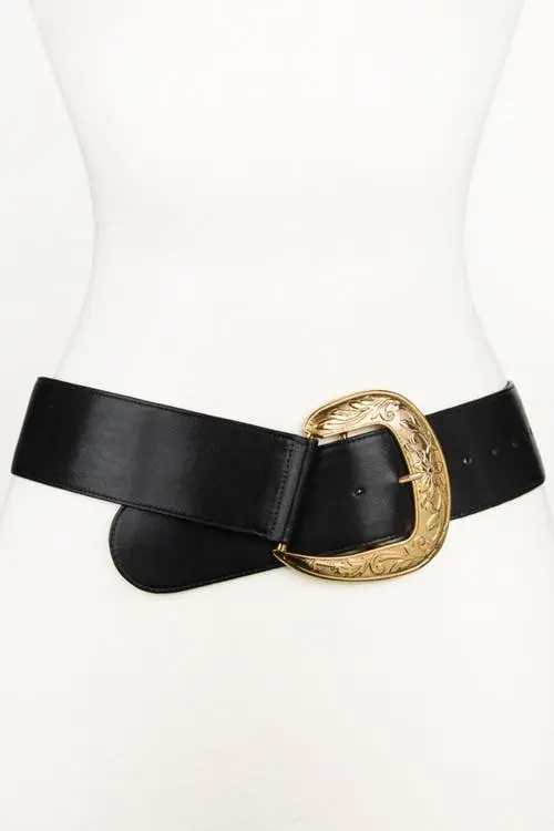 RAINA BELTS Cowboy Buckle Leather Belt - Black