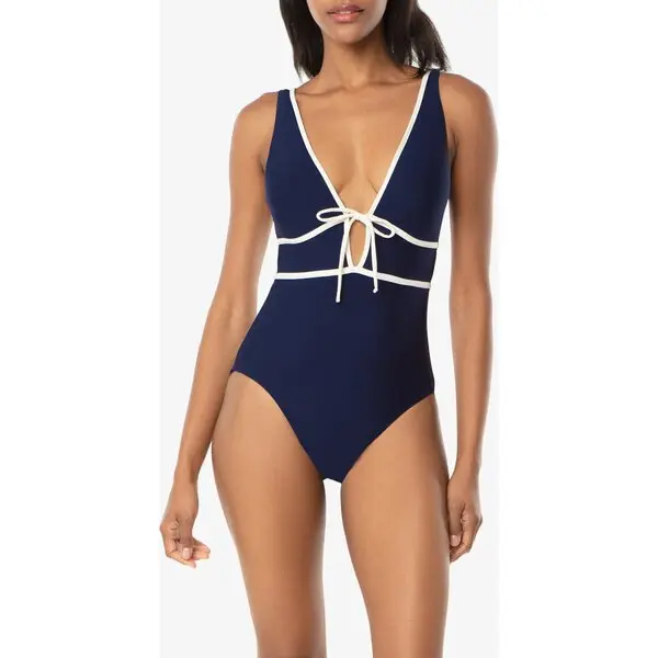 Helen Jon Plunge Front Tie One-piece - Navy Ivory