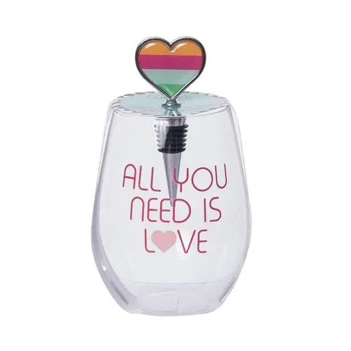 TOTALEE GIFT All You Need Wine Glass W/ Stopper Set Of 2 Glass 18 Oz - Clear