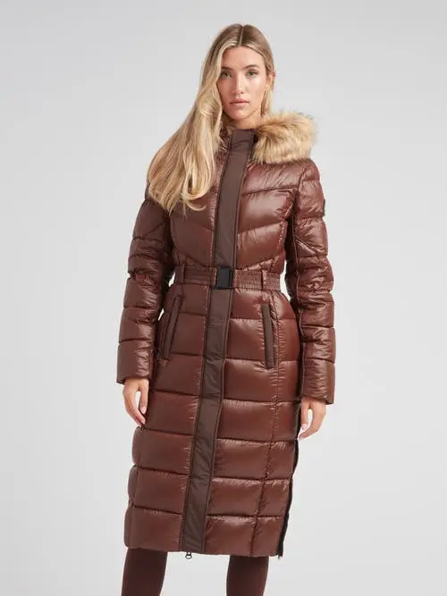 JACK1T Diamond Belted Extra Long Down Coat - Mid Brown/natural