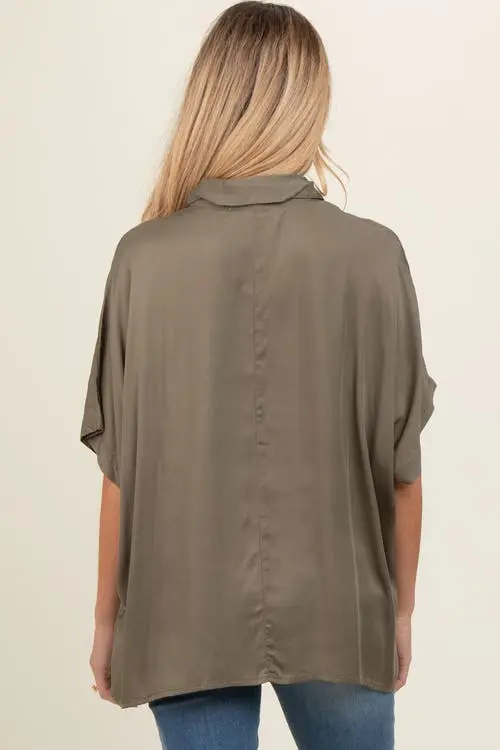 PINKBLUSH Dolman Sleeve Button Down Blouse - Olive Green