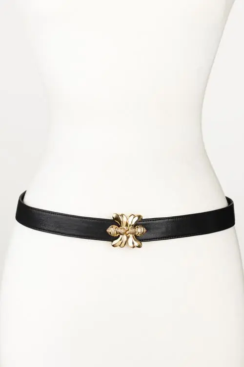 RAINA BELTS Double Bee Clasp Buckle Leather Belt - Black