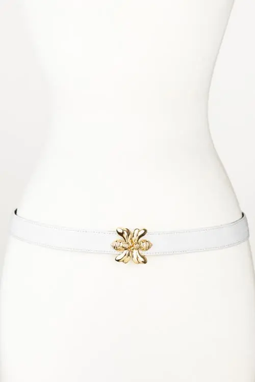 RAINA BELTS Double Bee Clasp Buckle Leather Belt - White