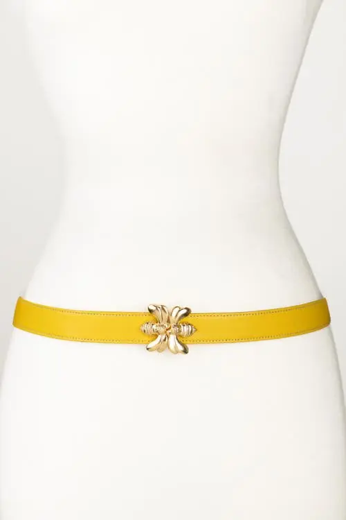 RAINA BELTS Double Bee Clasp Buckle Leather Belt - Yellow