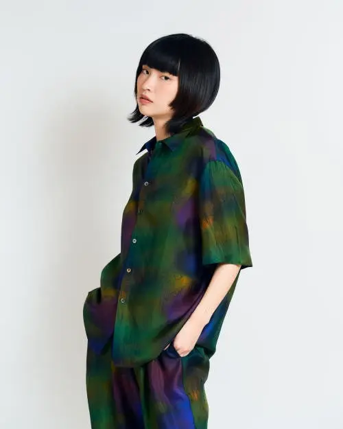 LOST PATTERN Oversized Silk Hawaii Shirt And Wide Leg Pants Set - Green