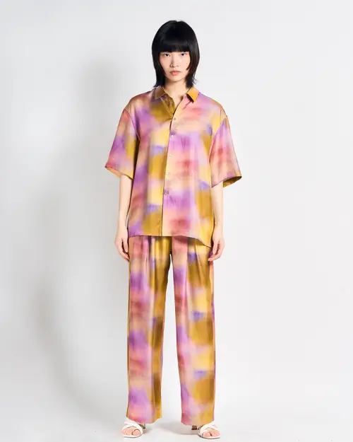 LOST PATTERN Oversized Silk Hawaii Shirt And Wide Leg Pants Set - Pink