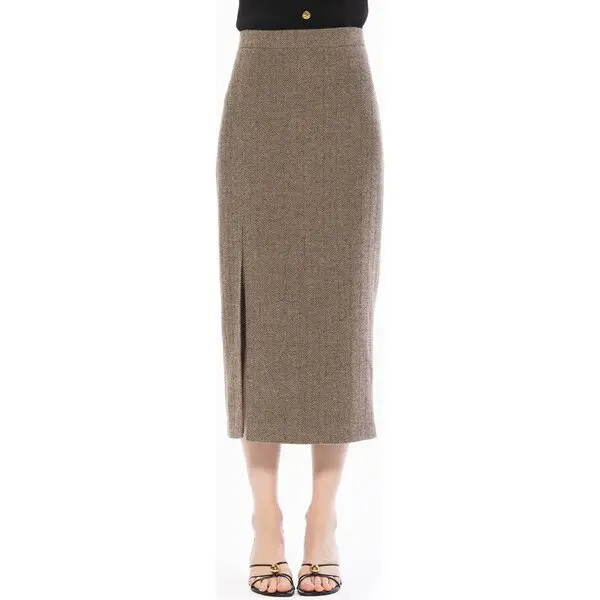 ALEXIA ADMOR Midi Tweed Skirt With Side Slit - Herringbone