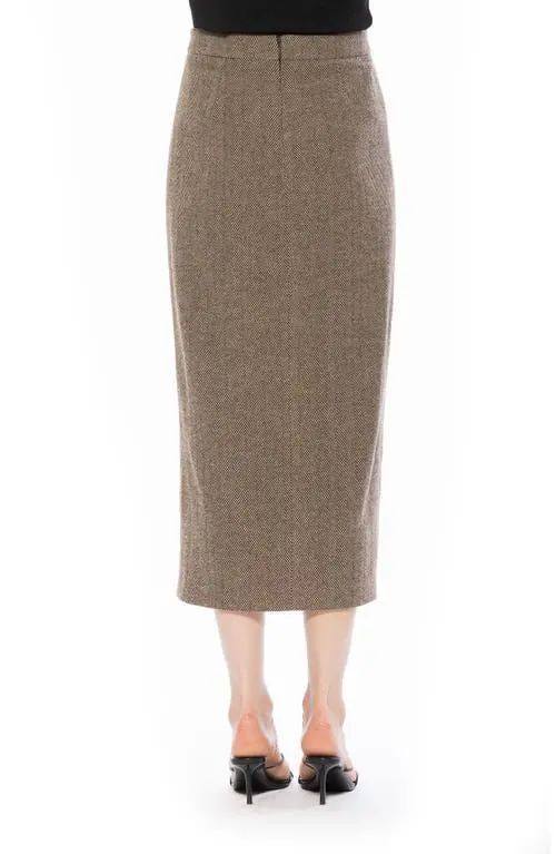 ALEXIA ADMOR Midi Tweed Skirt With Side Slit - Herringbone