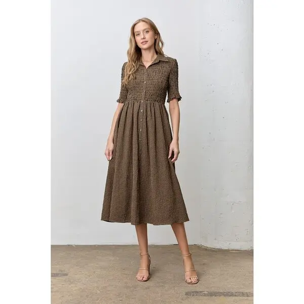 PINKBLUSH Gingham Smocked Button Down Midi Dress - Brown