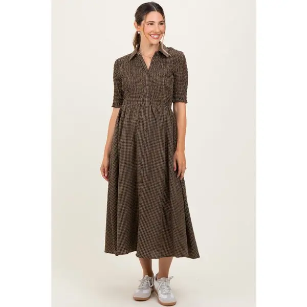 PINKBLUSH Gingham Smocked Button Down Midi Dress - Brown