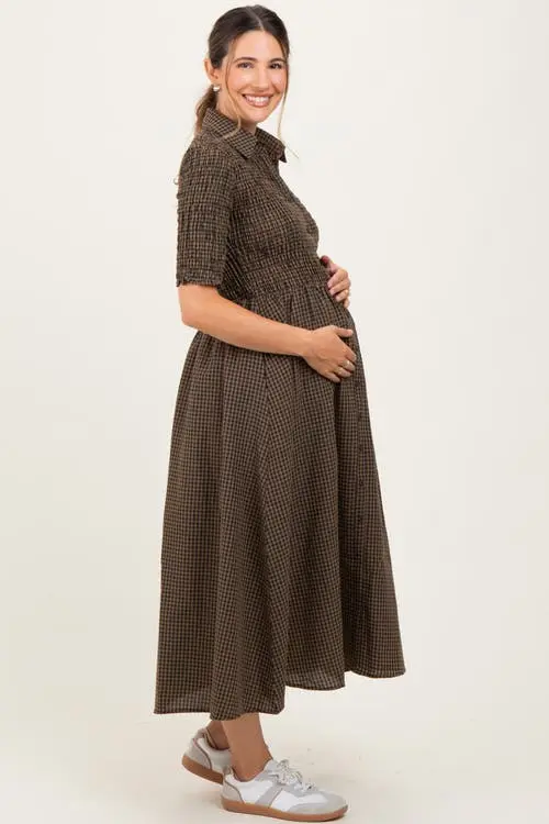 PINKBLUSH Gingham Smocked Button Down Midi Dress