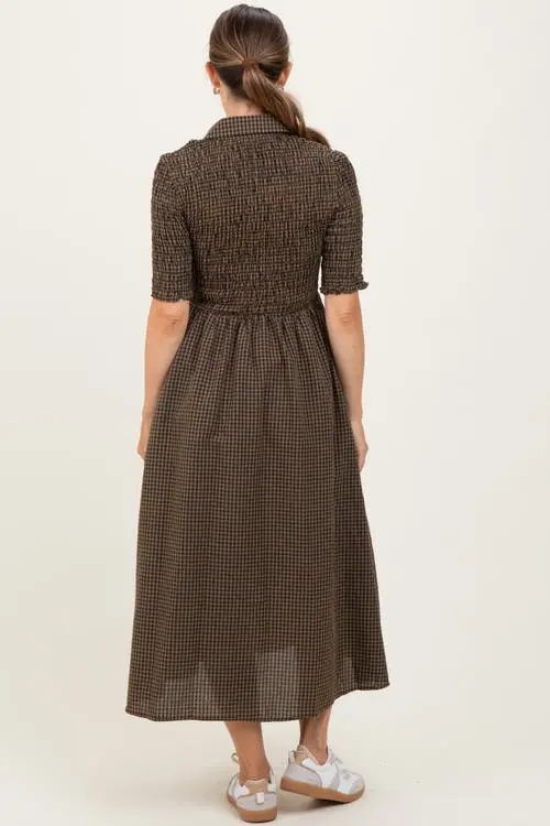 PINKBLUSH Gingham Smocked Button Down Midi Dress