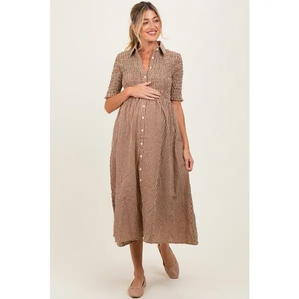 PINKBLUSH Gingham Smocked Button Down Midi Dress - Mocha