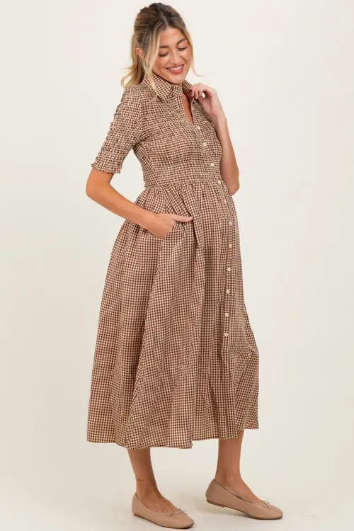 PINKBLUSH Gingham Smocked Button Down Midi Dress - Mocha