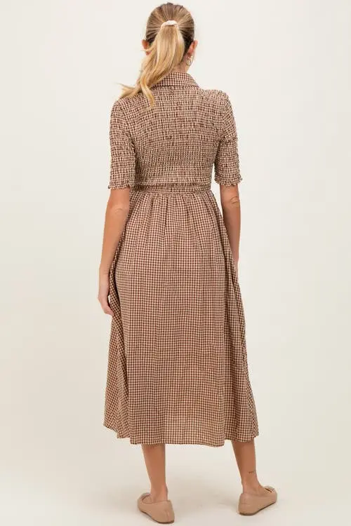 PINKBLUSH Gingham Smocked Button Down Midi Dress - Mocha