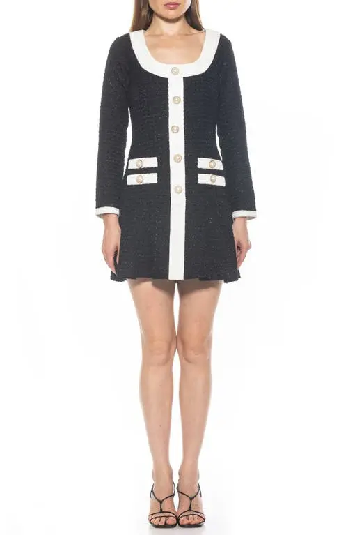 ALEXIA ADMOR Houndstooth Tweed Mini Dress With Faux Pearl Buttons - Black