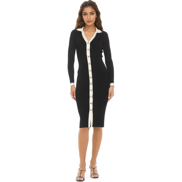 ALEXIA ADMOR Collared Long Sleeve Knit Midi Dress - Black