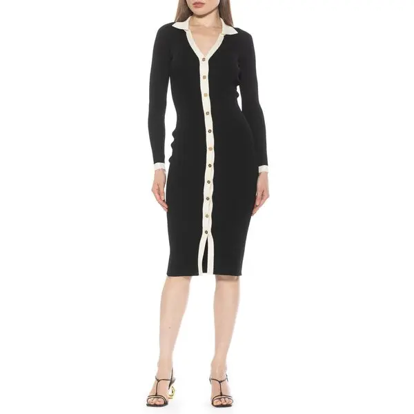 ALEXIA ADMOR Collared Long Sleeve Knit Midi Dress - Black