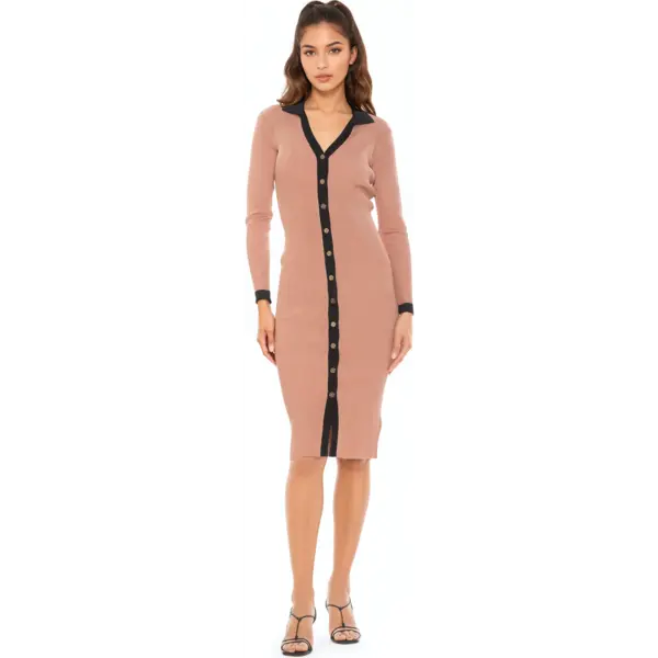 ALEXIA ADMOR Collared Long Sleeve Knit Midi Dress - Camel