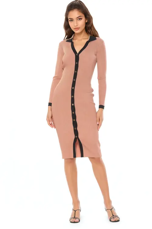 ALEXIA ADMOR Collared Long Sleeve Knit Midi Dress - Camel