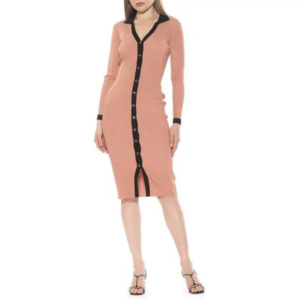 ALEXIA ADMOR Collared Long Sleeve Knit Midi Dress - Camel