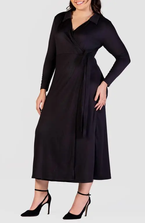 24SEVEN COMFORT APPAREL Collared Wrap Maxi Dress - Black